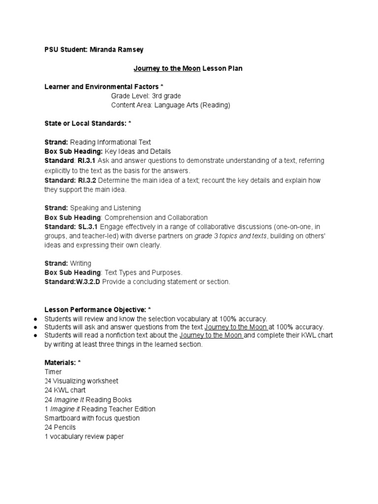 Grade 3 Journey to the Moon Lesson Plan | PDF | Lesson Plan | Communication