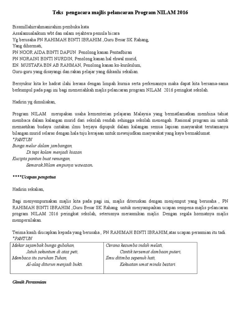 Teks Pengacara Majlis Pelancaran Program NILAM 2016 | PDF