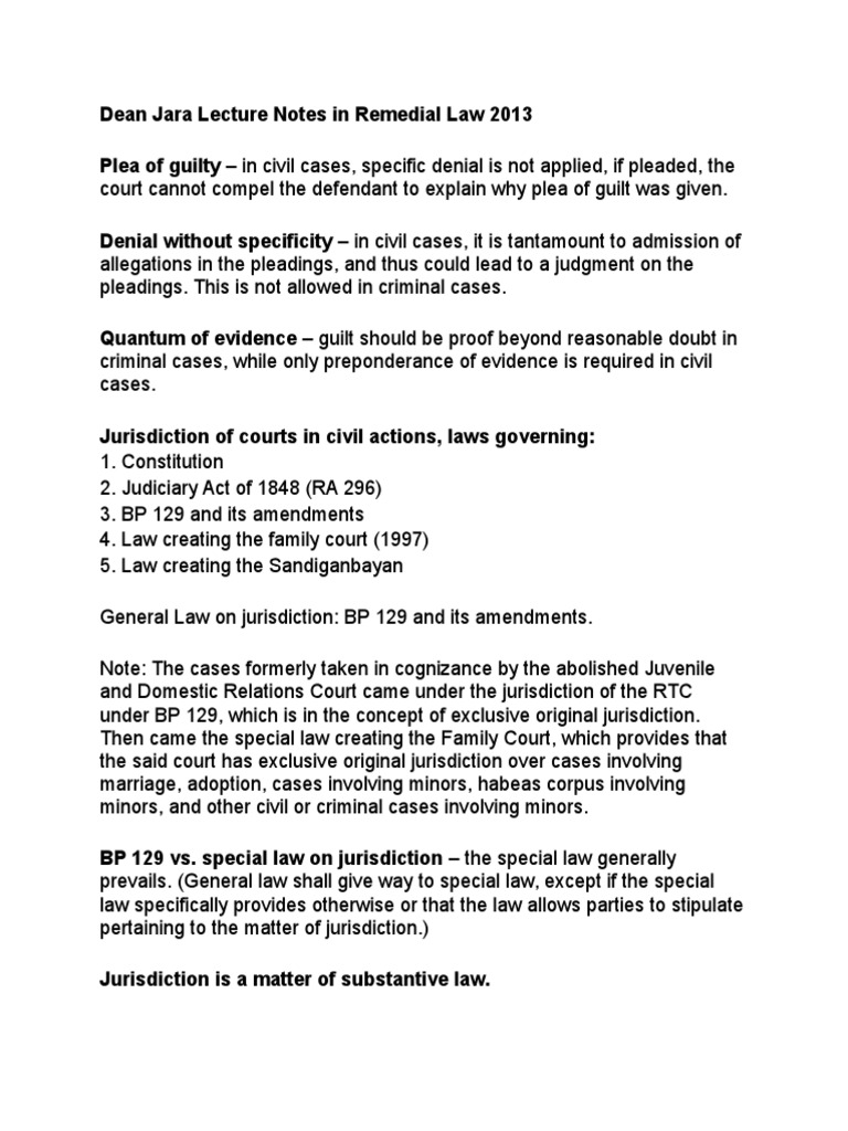 Dean Jara Lecture Notes in Remedial Law | PDF | Lawsuit | Jurisdiction