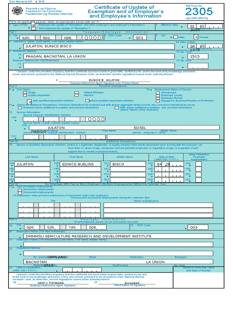 BIR Form 2305 Colored | PDF | Personal Exemption (United States) | Taxation
