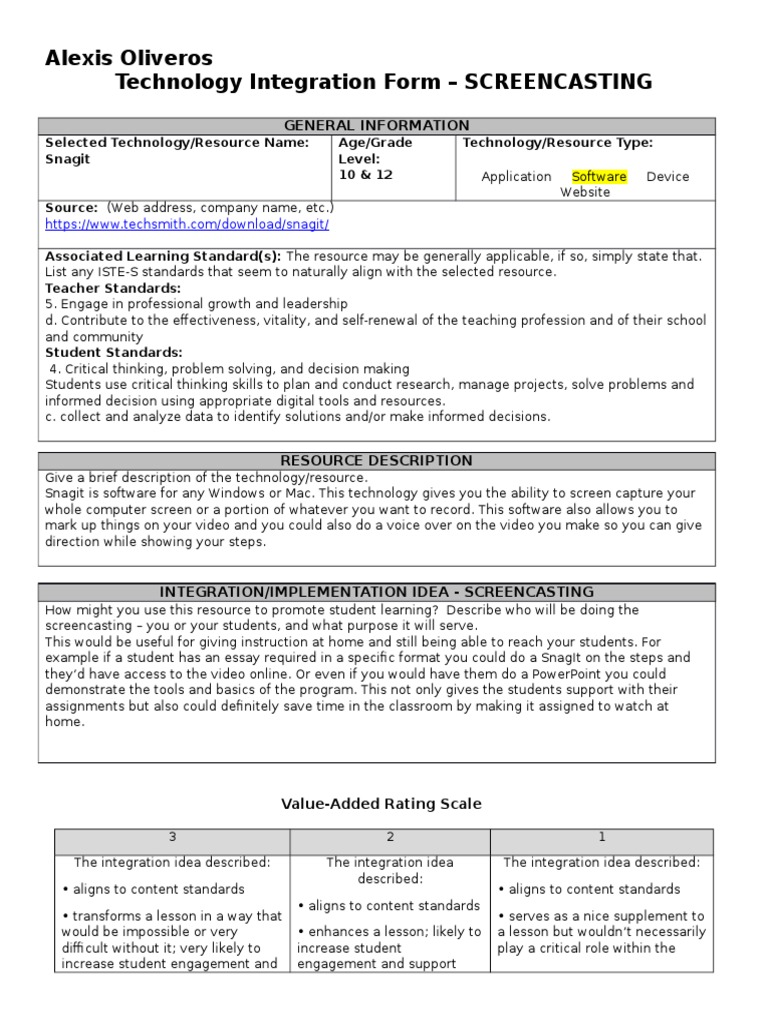 Technology Integration Template-Screencasting | PDF | Software | Cognition