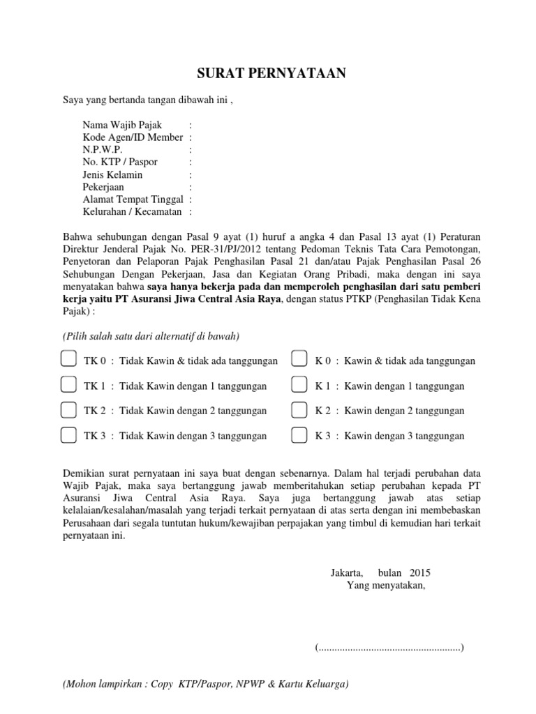 Surat Pernyataan Status Pajak PTKP | PDF | Pengelolaan Keuangan & Uang