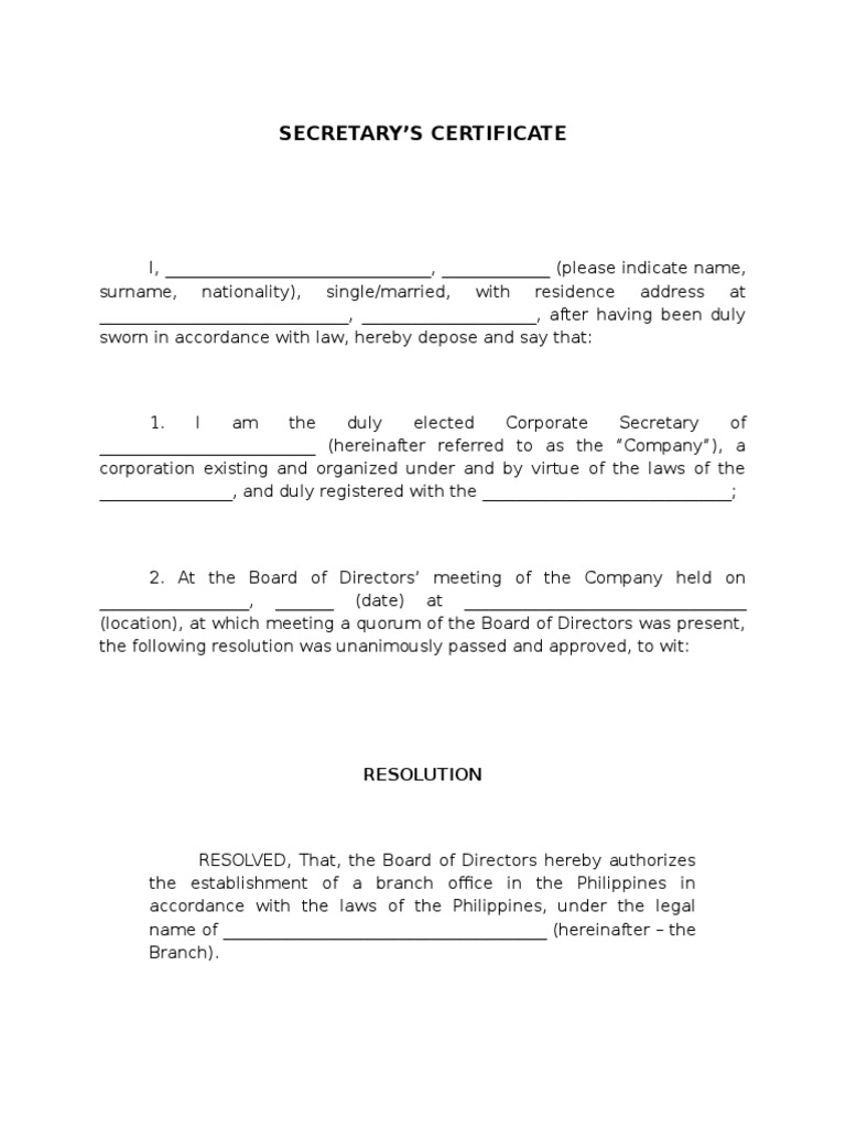 Sample Secretary's Certificate | Cheque | Banks