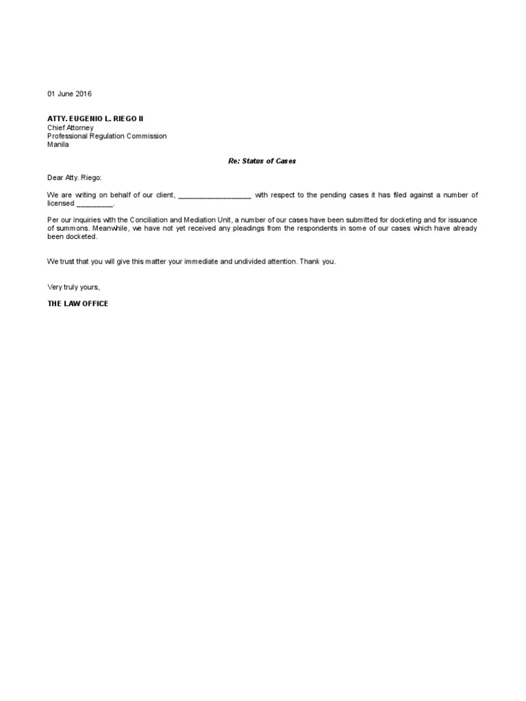 Atty. Eugenio L. Riego Ii: Re: Status of Cases | PDF