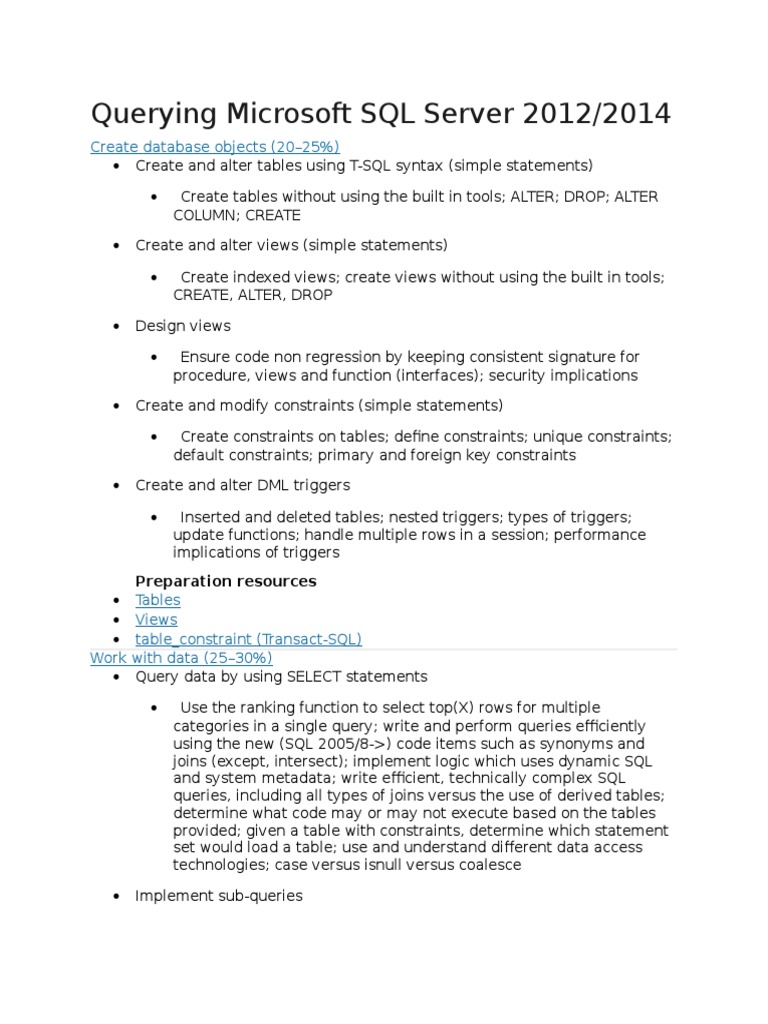 Querying Microsoft SQL Server 2012/2014: Create Database Objects (20-25%) | PDF