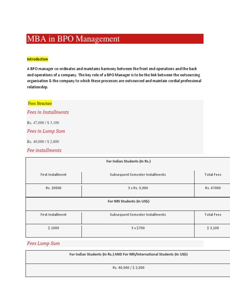 MBA in BPO Management | PDF | Business Process Outsourcing | Management ...