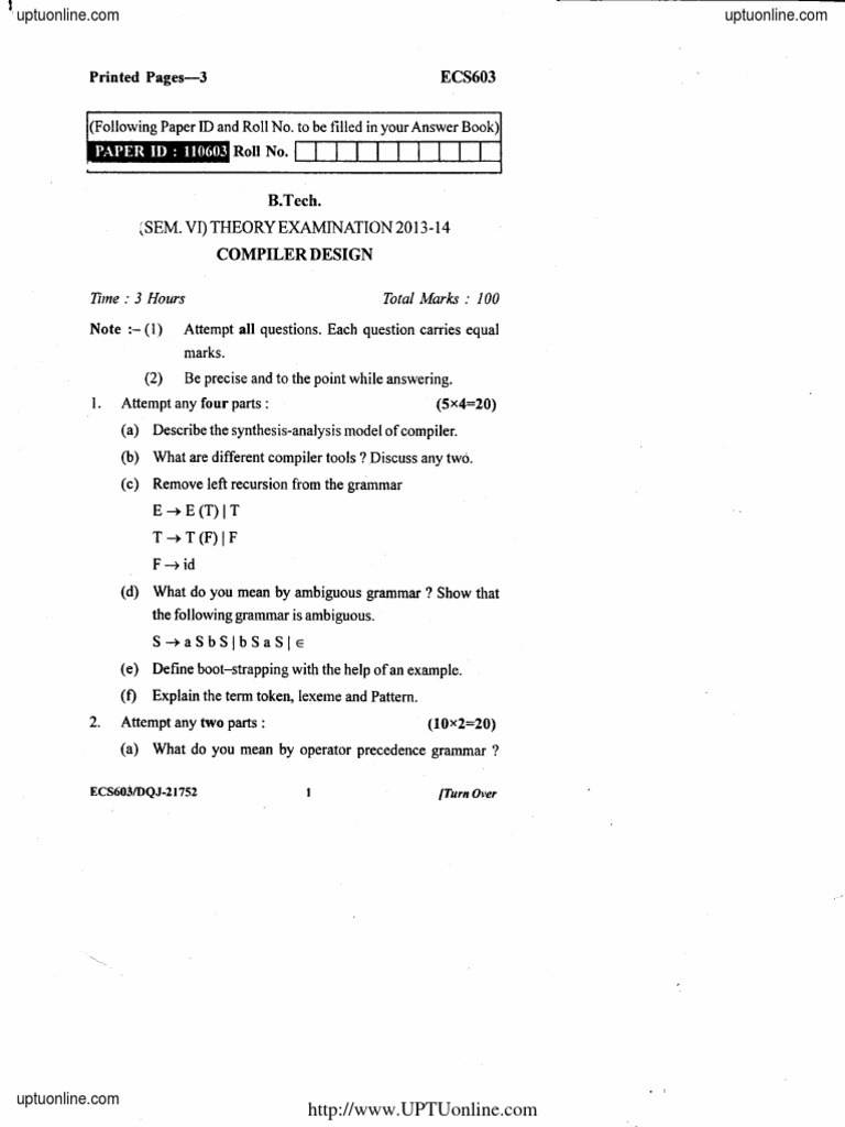 Ecs-603 Compiler Design 2013-14 | PDF | Parsing | Applied Mathematics