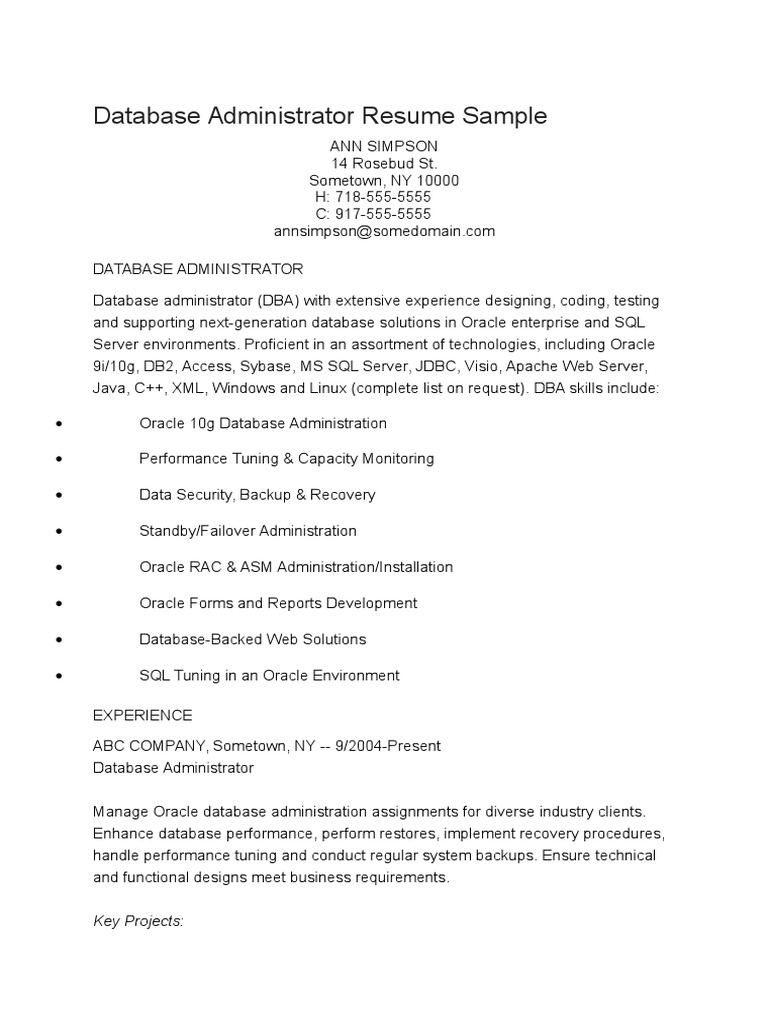 Database Administrator Resume Sample | PDF | Oracle Database | Databases
