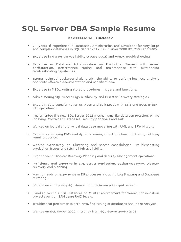 SQL Server DBA Sample Resume: Professional Summary | PDF | Microsoft Sql Server | Database Index