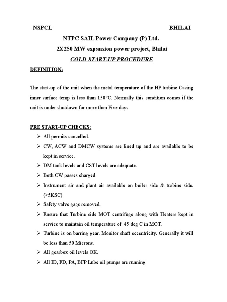 Cold Start Up Procedure | PDF | Valve | Boiler