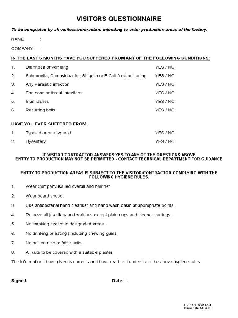 Visitors Questionnaire: in The Last 6 Months Have You Suffered From Any ...