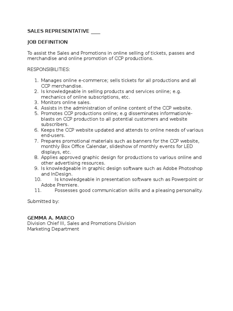 JOB DESCRIPTION - Sales Representative Online | PDF