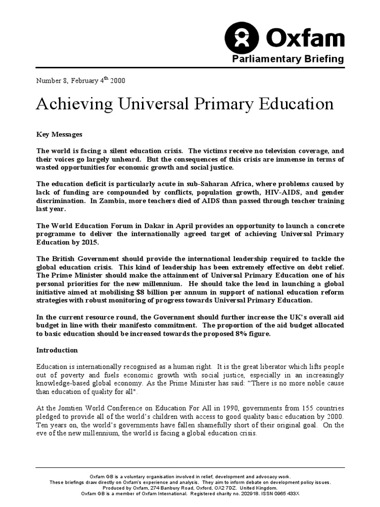 Achieving Universal Primary Education Pdf Aids Oxfam