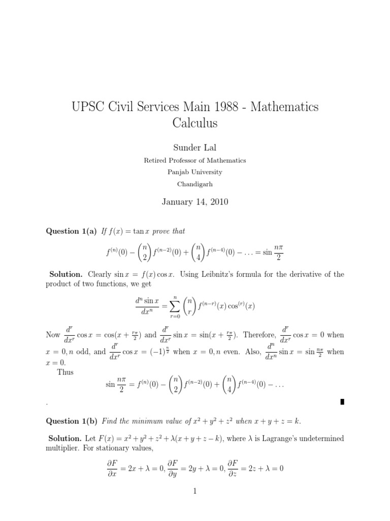 UPSC 1988 Mathematics Paper Solutions | PDF