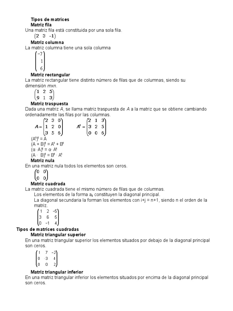 Tipos de Matrices | Matriz (Matemáticas) | Multiplicación | Prueba ...