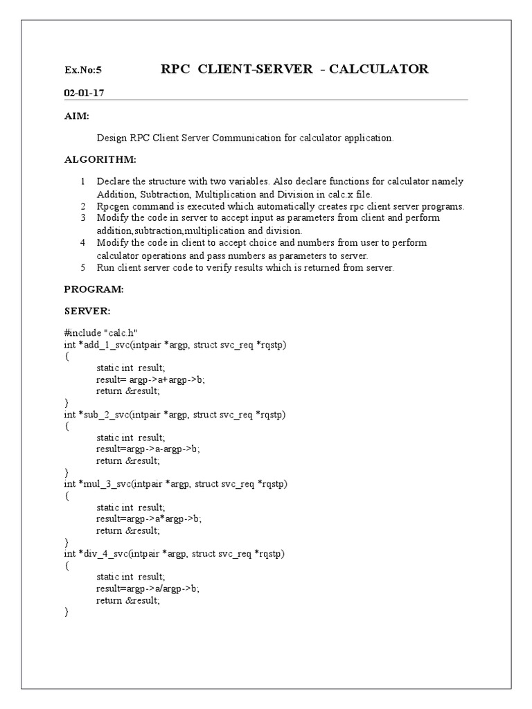 RPC Client Server For Calculator Program | PDF | Client–Server Model | Parameter (Computer ...