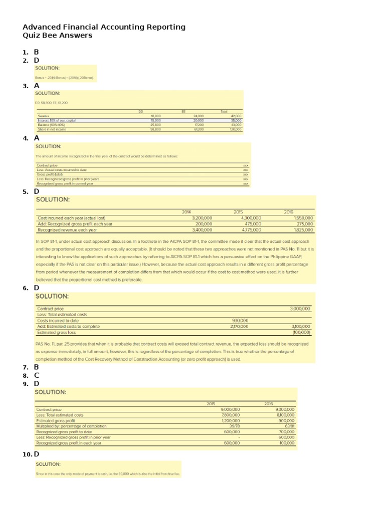 Advanced Financial Accounting Reporting Quiz Bee Answers B D | PDF