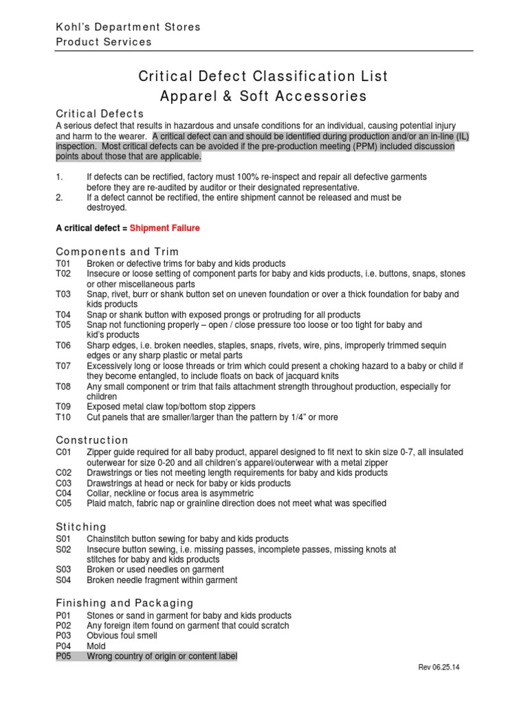 Critical Defect List - Apparel Accessories | PDF | Clothing | Softlines ...