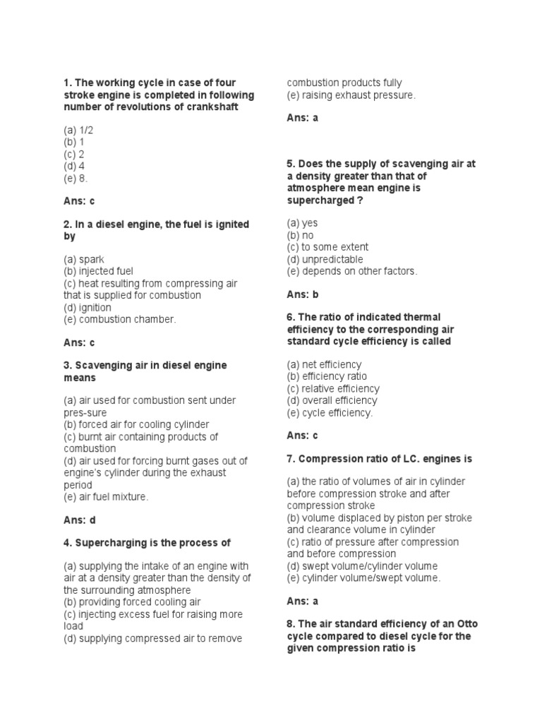 Top 250 I.C. Engine Multiple Choice Questions and Answers | PDF ...