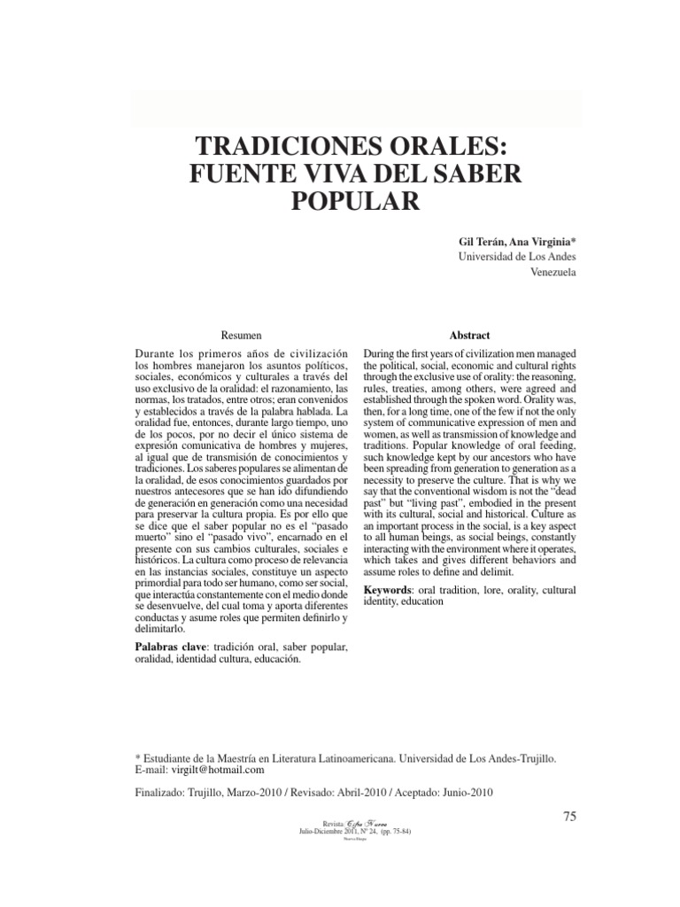 Tradiciones orales y saber popular | PDF | Tradición oral | Conocimiento
