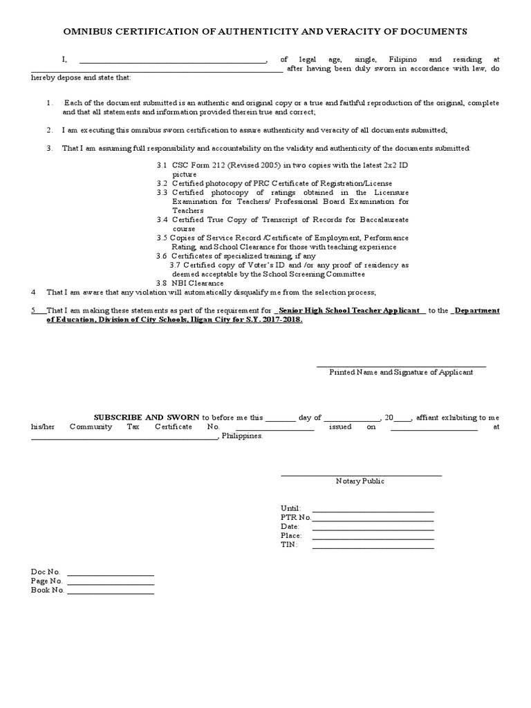 Omnibus Certification of Authenticity and Veracity of Documents (Deped ...