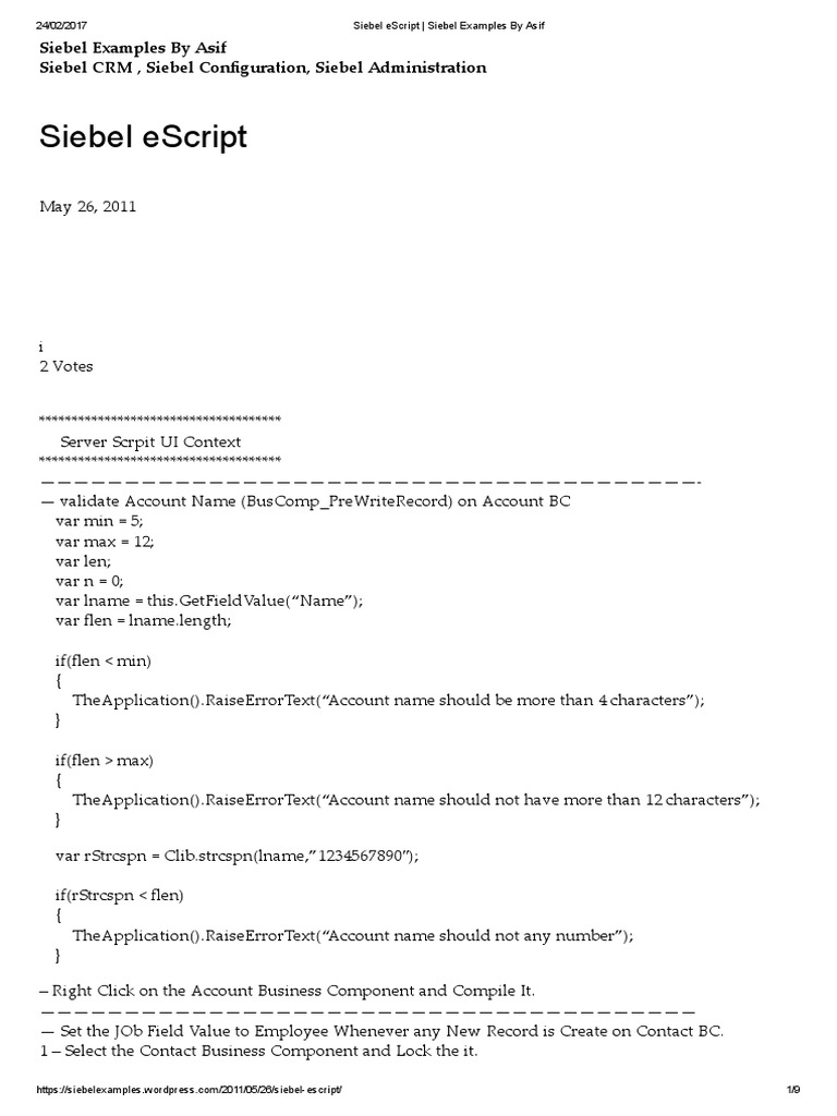 Siebel EScript | PDF | Scripting Language | Computer Programming Siebel EScript | PDF | Scripting Language | Computer Programming
