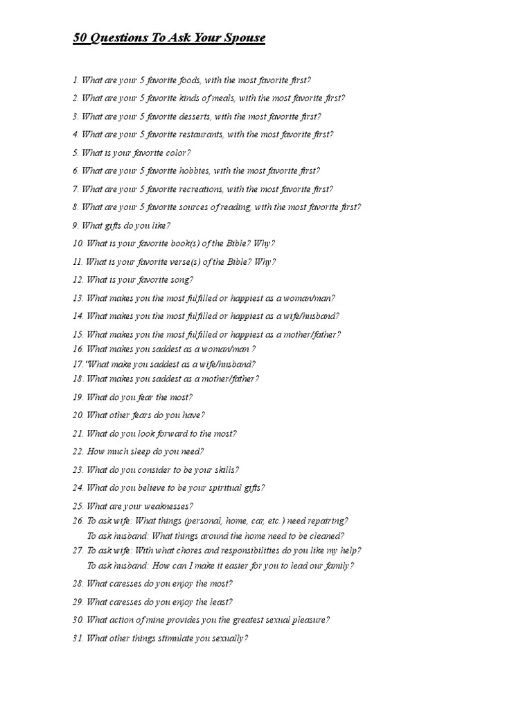 50 Questions for Spouses to Deepen Connection | PDF | Emotions | Human ...