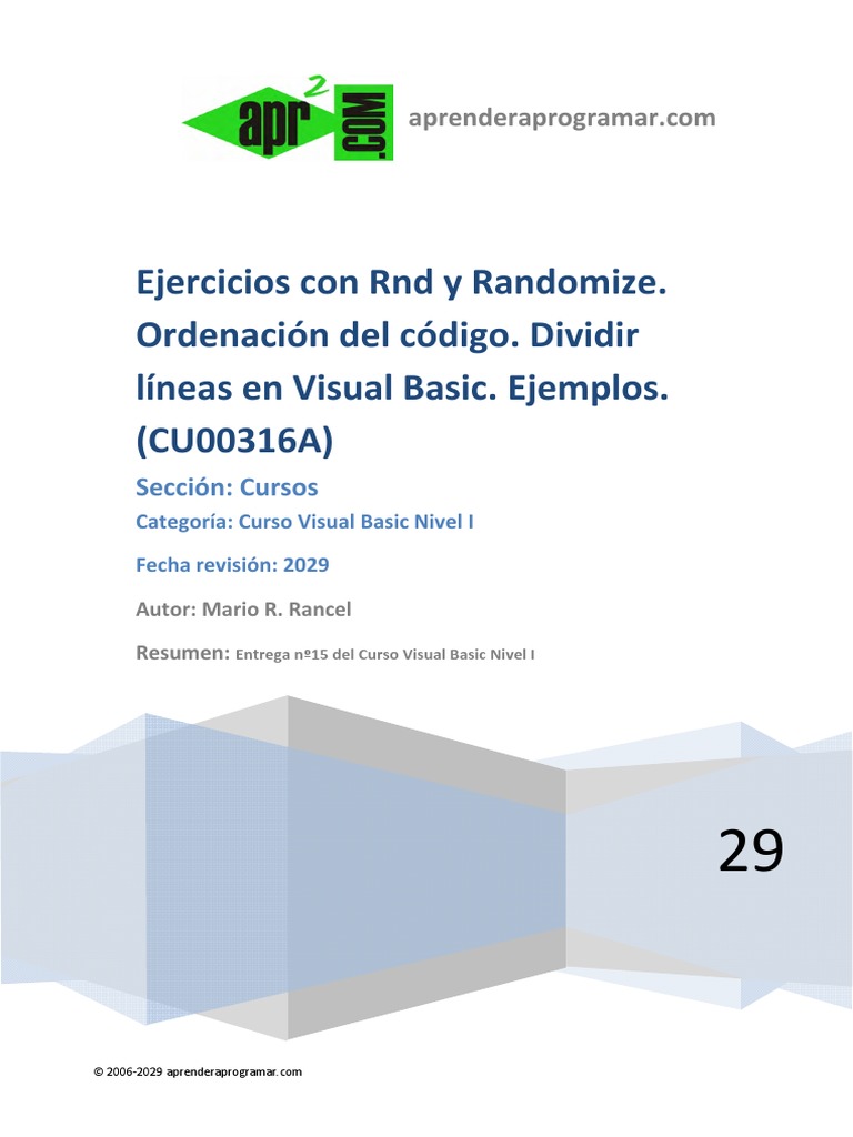 CU00316A Ejercicios Ejemplos Numeros Aleatorios Visual Basic RND Randomize PDF | PDF | Básico ...