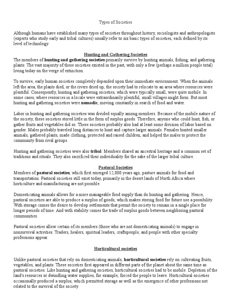 Types of Societies | PDF | Hunter Gatherer | Society