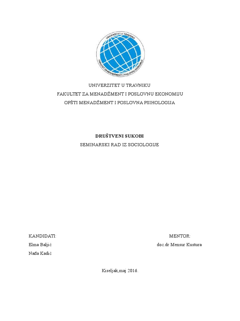 Seminarski Rad - Sociologija - Društveni Sukobi | PDF