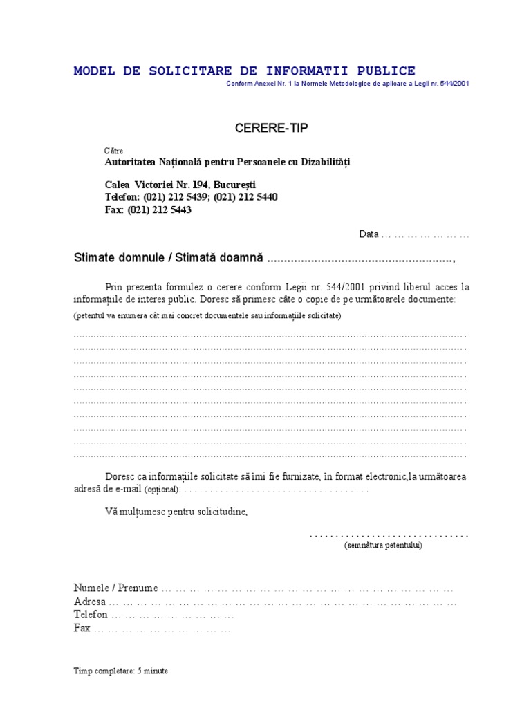 Model de Solicitare Informaţii Publice 1