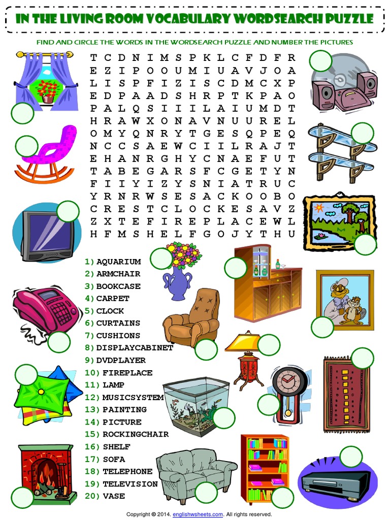 In the Living Room Esl Vocabulary Wordsearch Puzzle Worksheet | Word ...