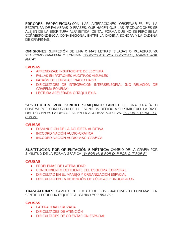 Errores específicos en la escritura | PDF | Palabra | Escritura