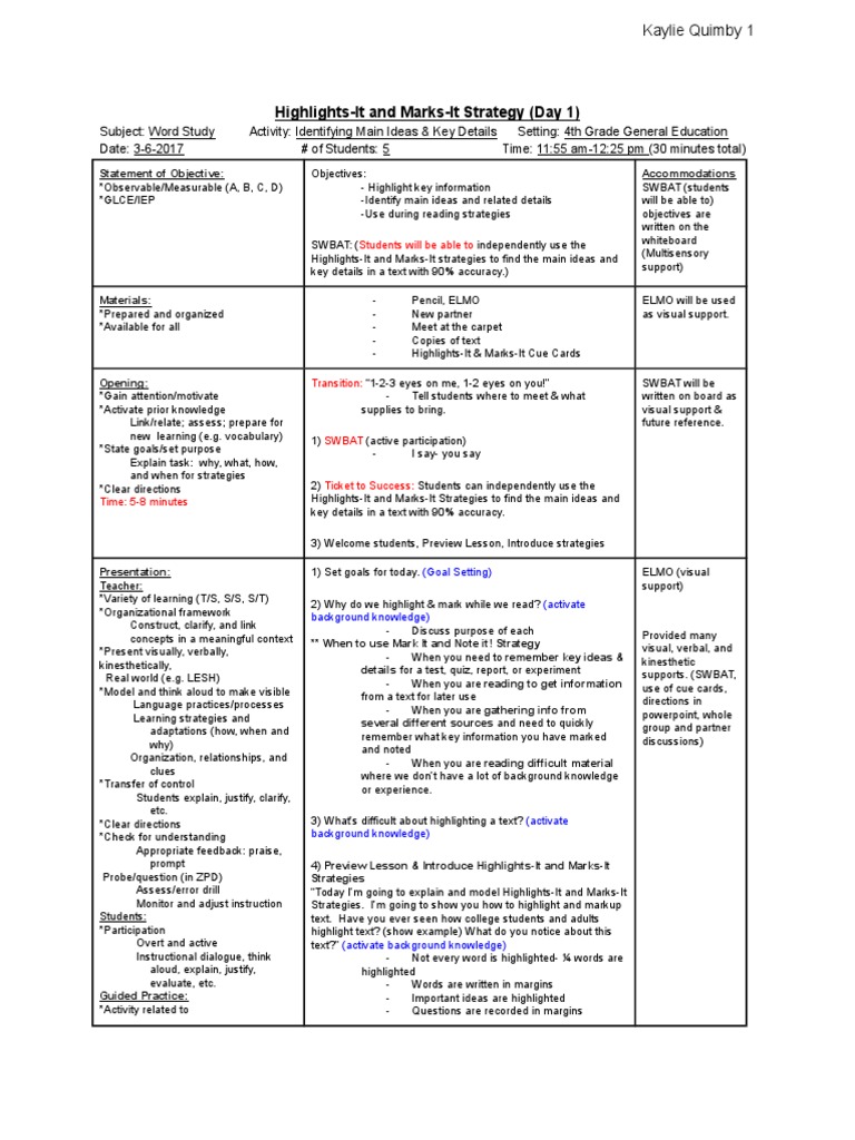 4th Grade Highlights-It Strategy Lesson | PDF | Vocabulary | Learning