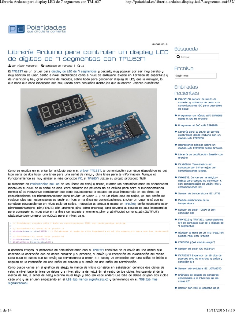 Librería Arduino para Display LED de 7 Segmentos Con TM1637 | PDF | Arduino | Microcontrolador