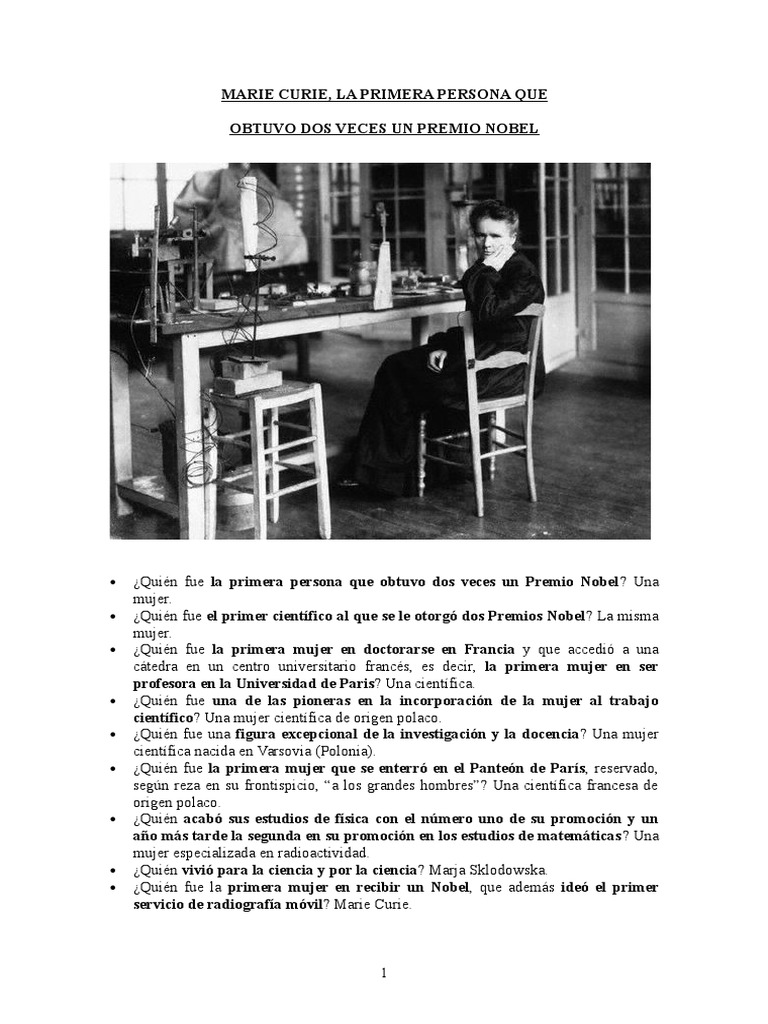 Marie Curie: Doble Nobel y Pionera Científica | PDF | Marie Curie ...