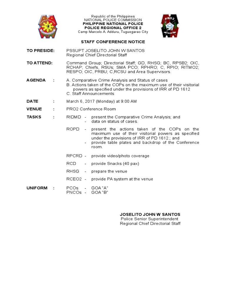 Staff Conference Notice for PNP PRO2 | PDF