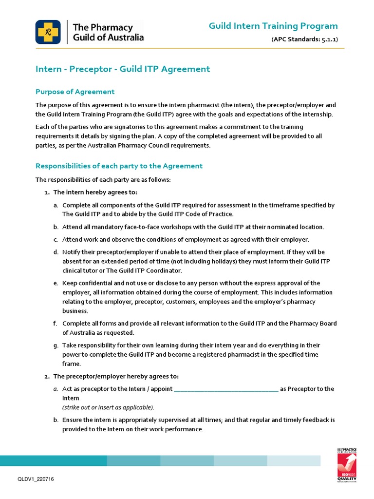 Intern Preceptor Guild ITP Agreement | PDF | Pharmacy | Pharmacist