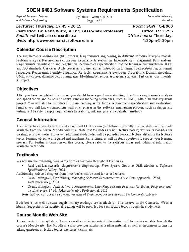 Course Outline Handout Soen6481 w2016 | PDF | Specification (Technical ...