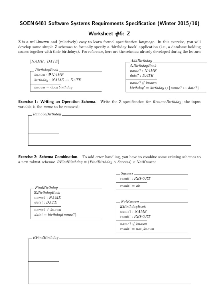 SOEN 6481 Software Systems Requirements Specification (Winter 2015/16) Worksheet #5: Z | PDF