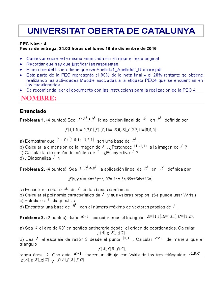 Ejercicios de Álgebra Lineal UOC | PDF