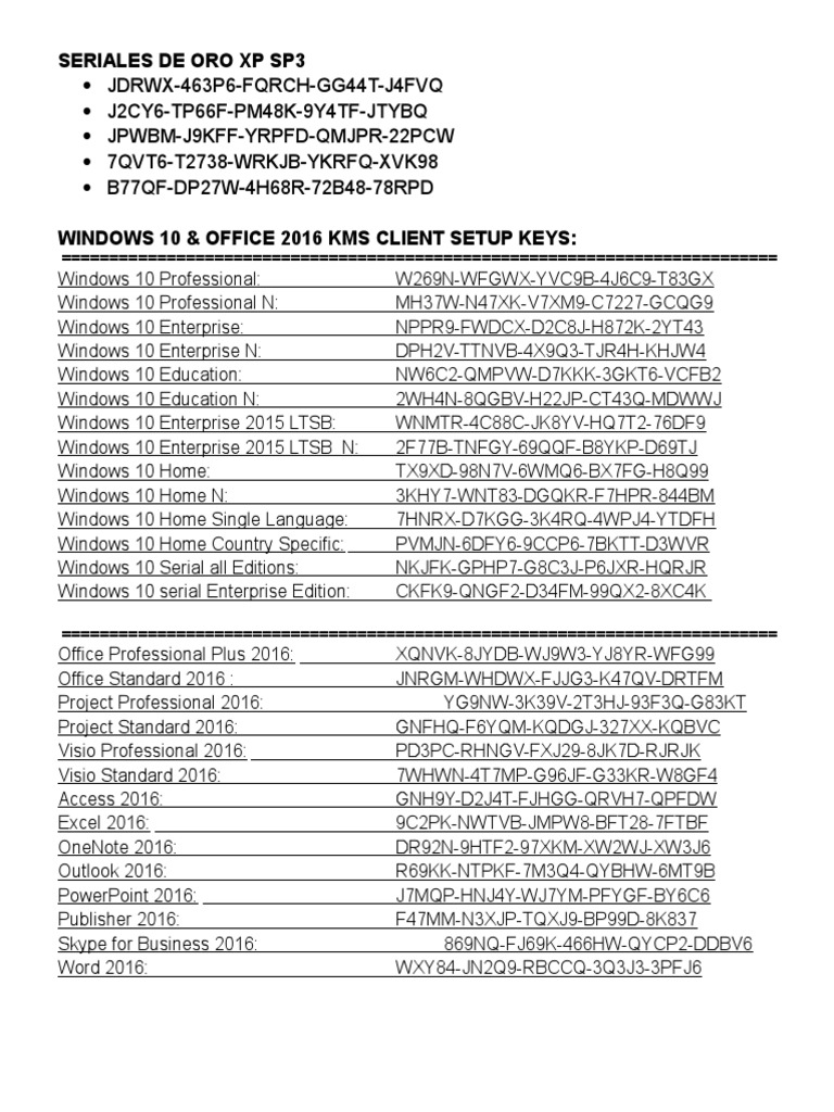 Seriales de ORO XP SP3 | PDF | Windows 10 | Office Suites For Windows
