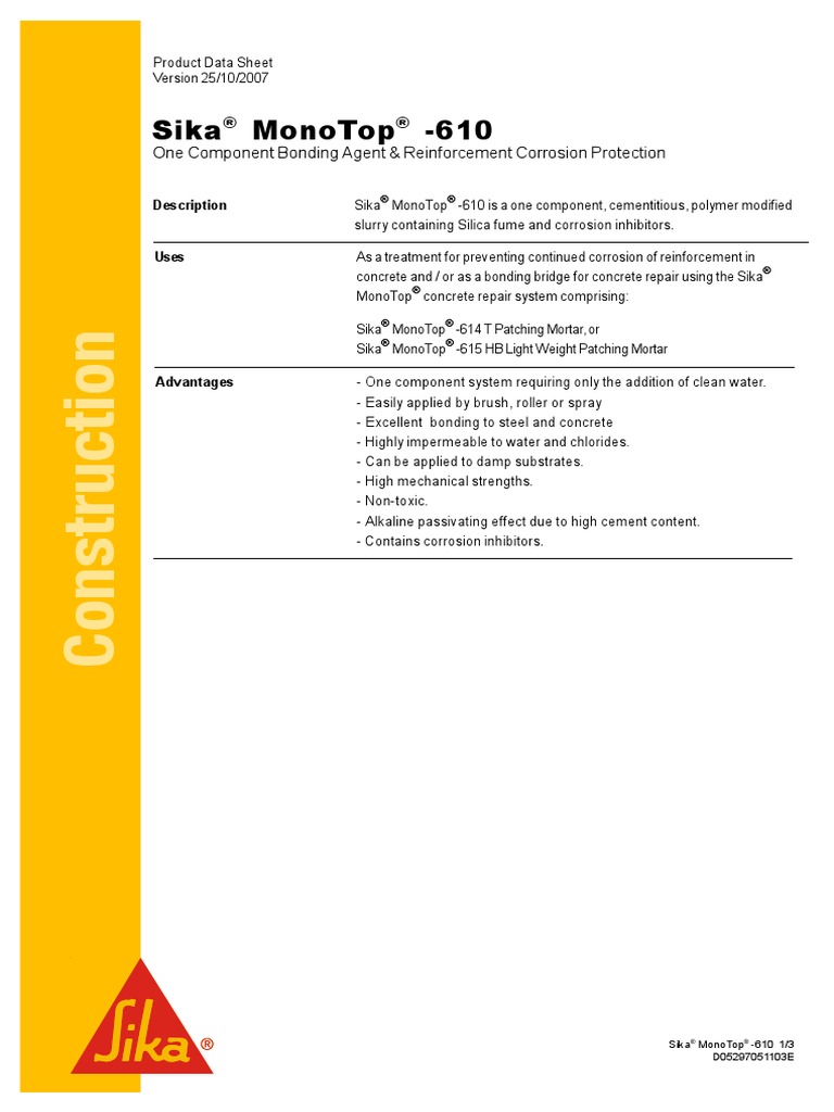 Sika PDS - E - Sika MonoTop - 610 | PDF | Corrosion | Concrete