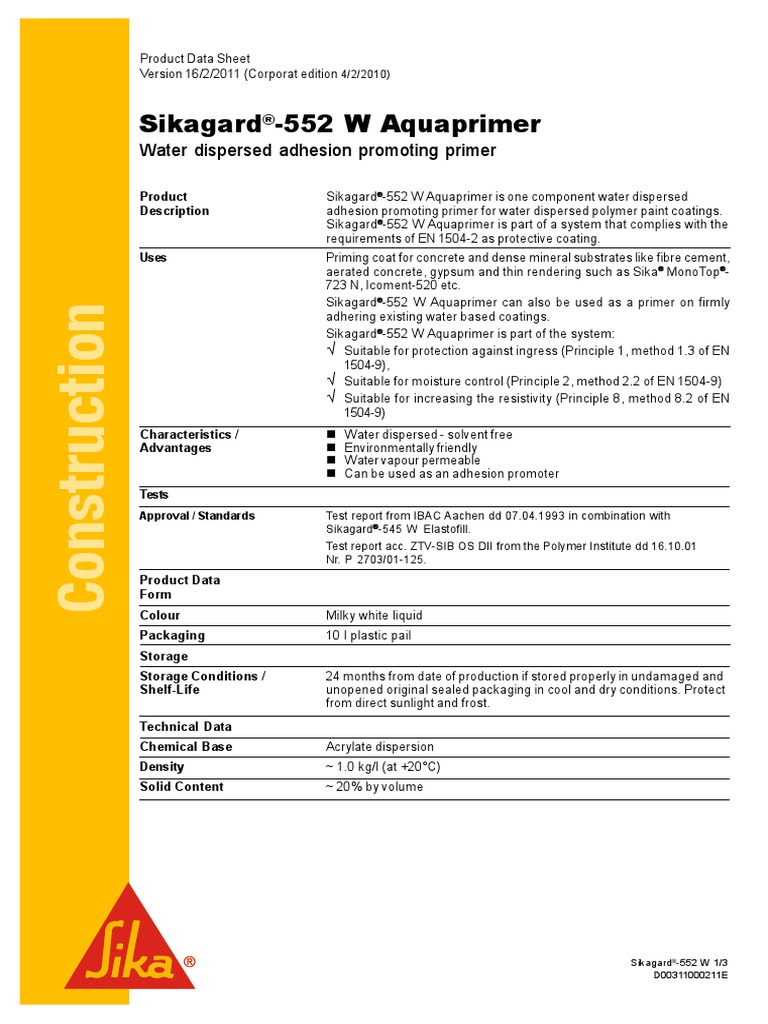 Sika PDS - E - Sikagard - 552 W Aquaprimer | PDF | Concrete | Water
