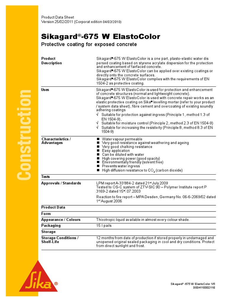Sika PDS - E - Sikagard - 675 W ElastoColor | PDF | Carbon Dioxide ...