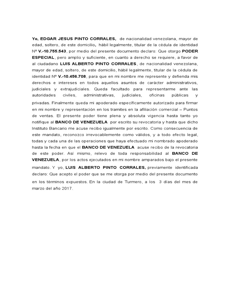 Modelo de Poder Especial Bancario en Venezuela | PDF | Bancos | Venezuela