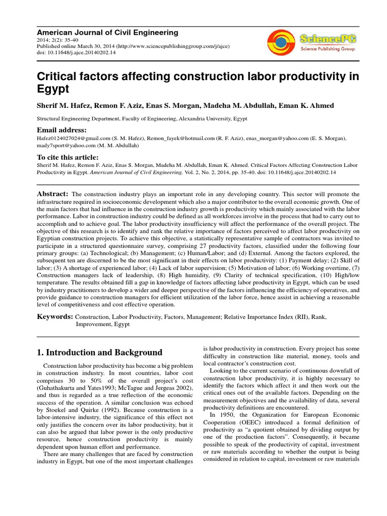 Factors Impacting Egypt's Construction Productivity | PDF | Labour ...