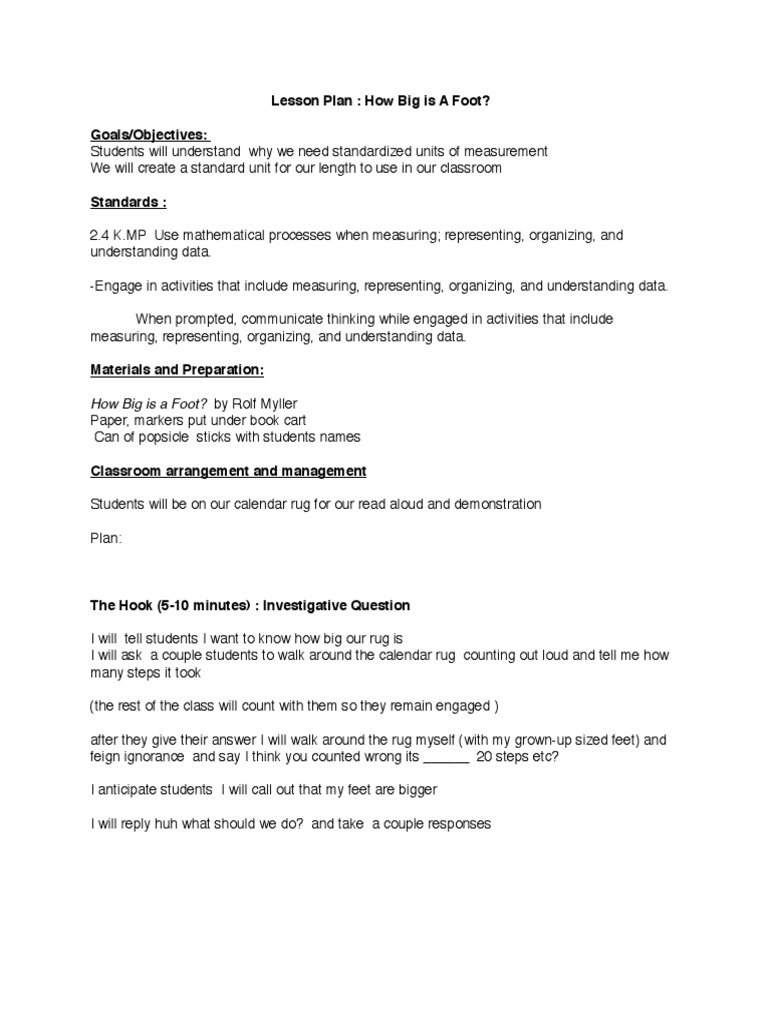 Lesson Plan for "How Big is a Foot?" | PDF | Lesson Plan | Applied ...
