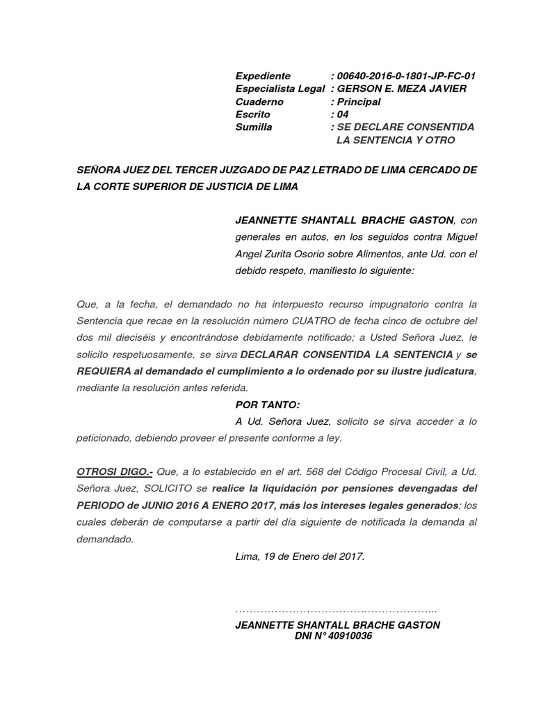 Escrito solicitando se Declare Consentida la Sentencia