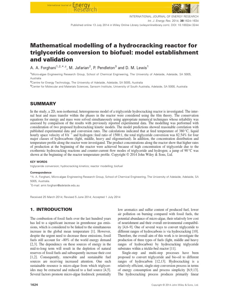 Mathematical Modelling of A Hydrocracking Reactor For Triglyceride ...